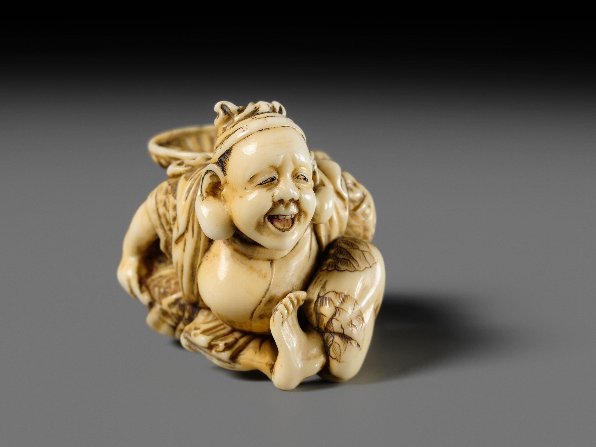 Asahi Gyokuzan | GYOKUZAN: A VERY RARE IVORY NETSUKE OF A KAPPA STEALING EBISU’S SHIRIKODAMA ...