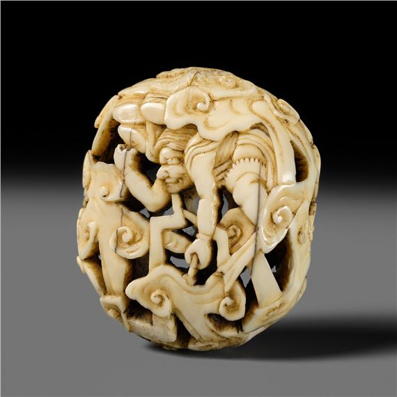 Walrus Tusk | A FINE WALRUS TUSK RYUSA MANJU NETSUKE OF RAIJIN | MutualArt