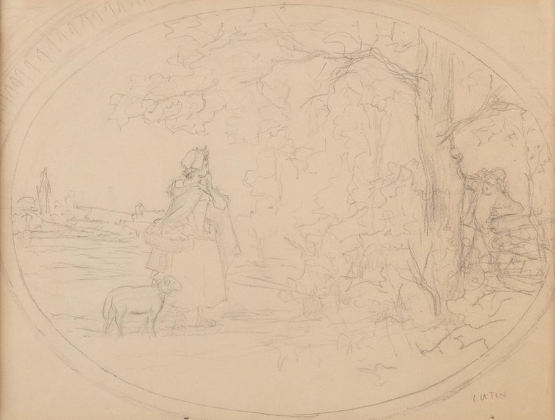 Pierre Outin | . La bergère surprise. Dessin à la mine de plomb, signé ...