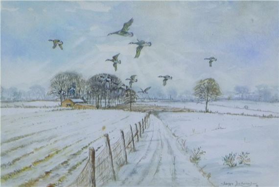 James Lishman | Canada Geese over a Snowy Landscape | MutualArt