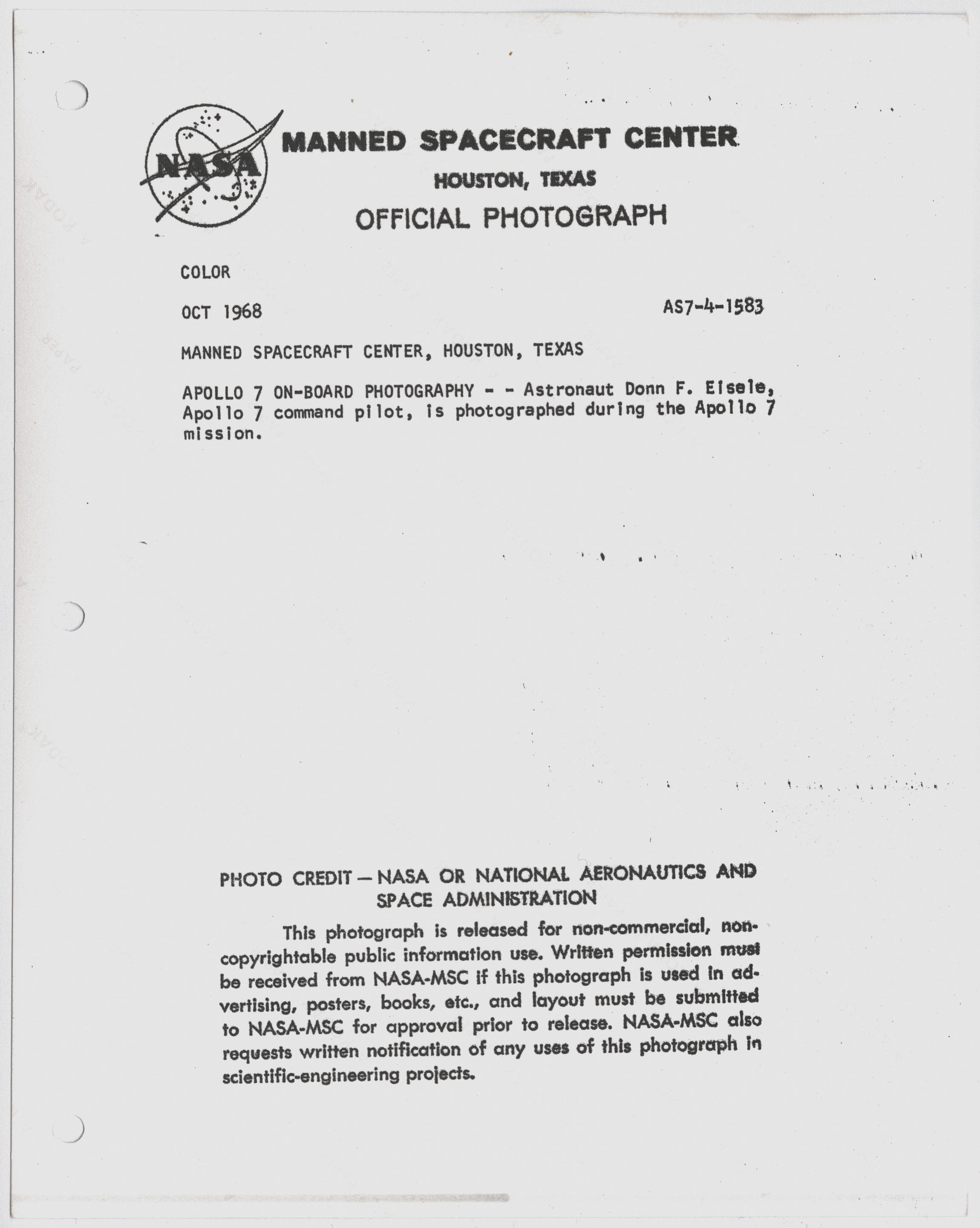 Walter Cunningham | [Apollo 7] SPACE PORTRAIT: Donn Eisele weightless ...