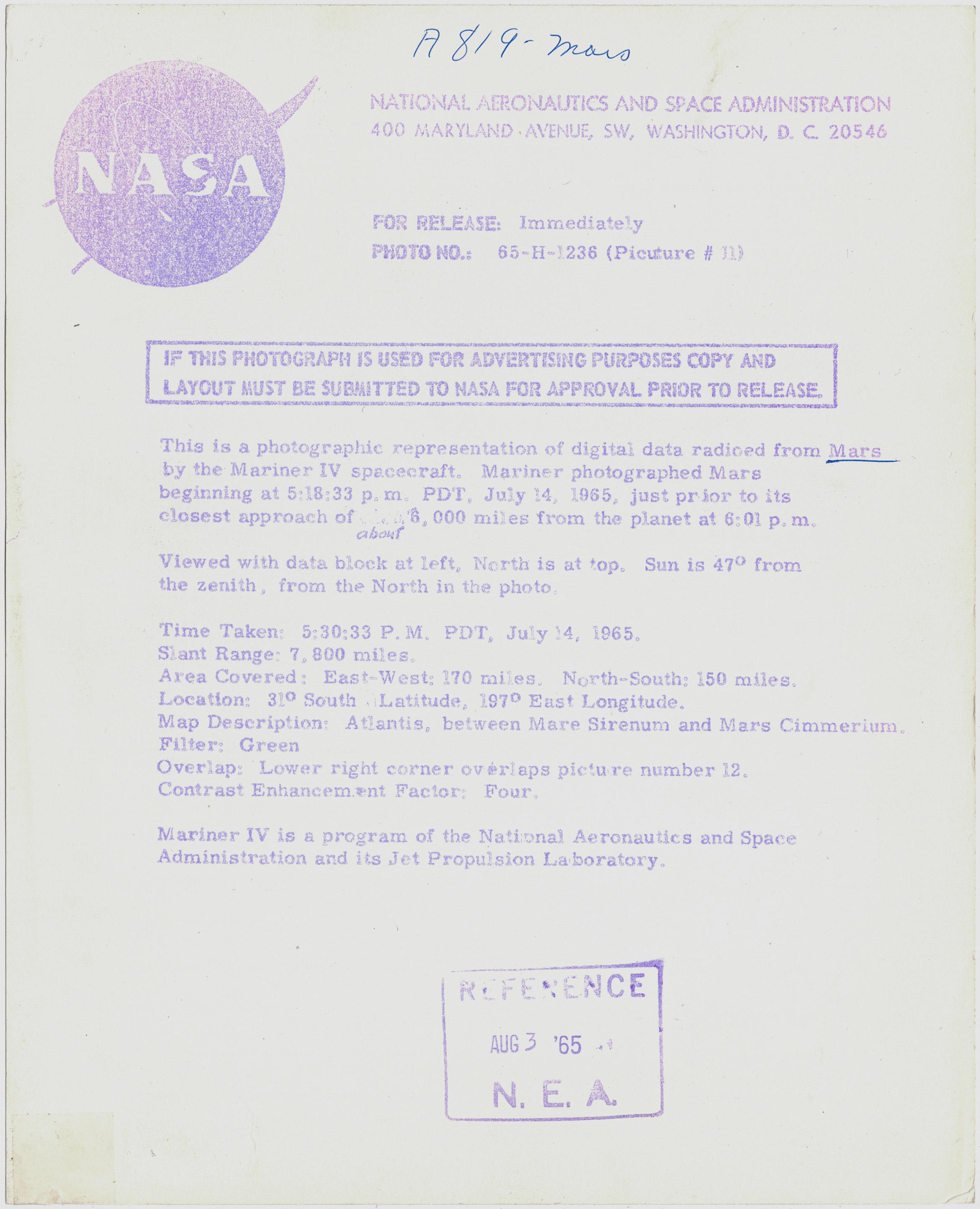 NASA | [Mariner IV] FIRST PHOTOGRAPH OF MARS: the finest in the series ...