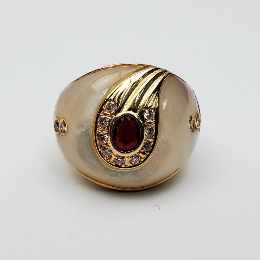 A Ruby | 14K Gold Mother of Pearl Ring w/ Diamonds & a Ruby | MutualArt