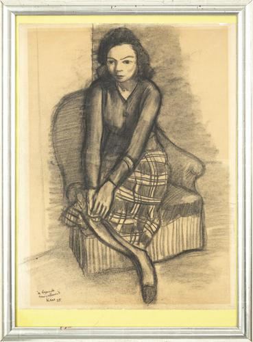 Georges Kars | Lady in plaid skirt and beret (1936) | MutualArt