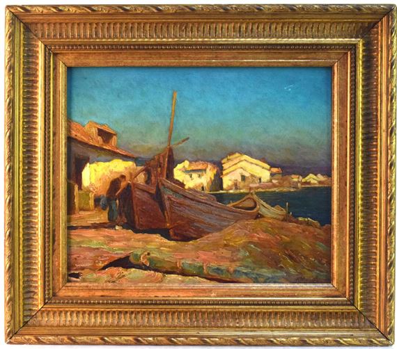 Achille Gaston Marchal | Barque au sec dans un port dans le sud | MutualArt