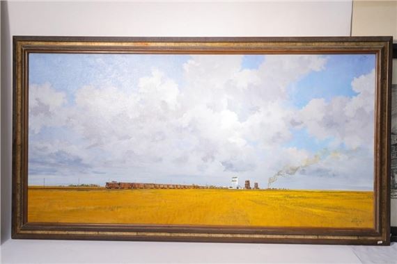 Robert Pollock | Oil on canvas. Landscape with grain elevator. 24 x 48 ...