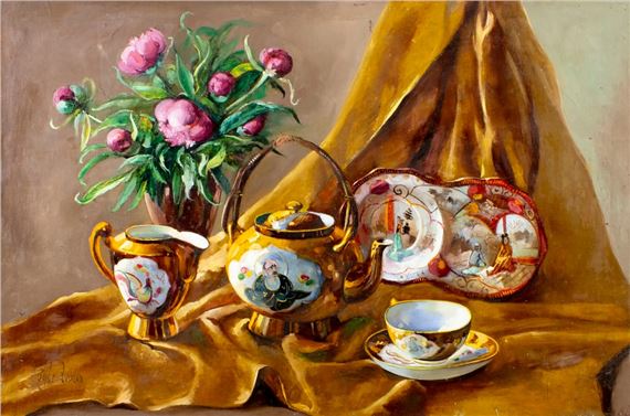 Zsuzsanna Suger | Still Life with Vase of Peonies and Tea Set | MutualArt