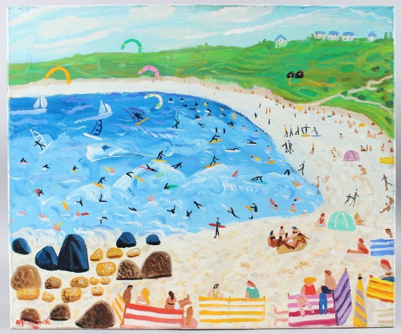 Alan Furneaux | Beach scene with sunbathers and surfers | MutualArt