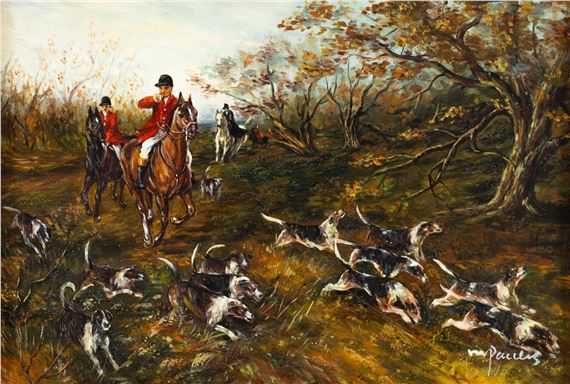 M. Paules | Huntsmen and Hounds in a rural landscape | MutualArt