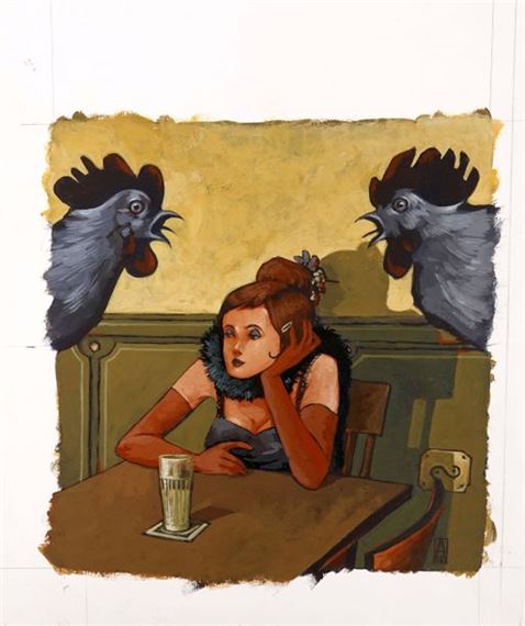 Alexis Horellou | Illustration of a woman between two roosters | MutualArt