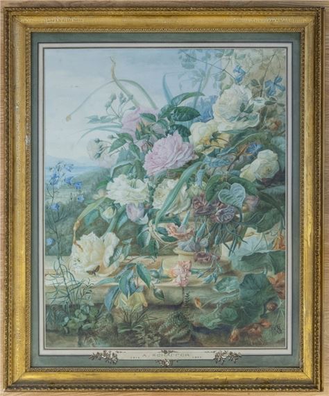 Béla Schäffer | Roses and other flowers in an urn on a garden wall ...