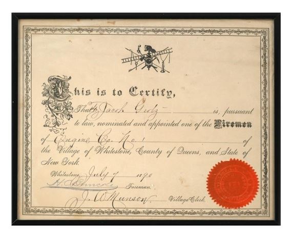Jacob | 1890 NEW YORK FIREFIGHTER CERTIFICATE (1890) | MutualArt