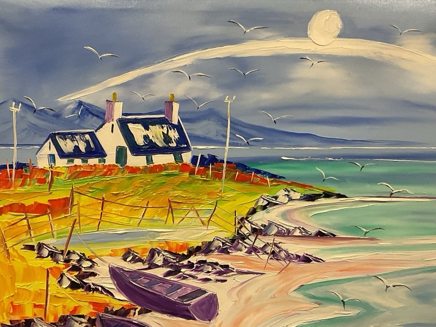 John Damari | coastal scene with cottage and beached boats | MutualArt