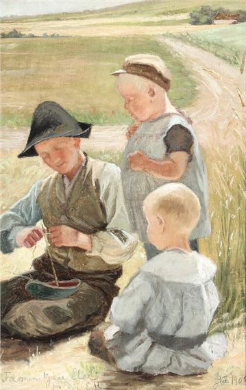 Caroline Emilie Mundt | A summer landscape with three boys building a ...