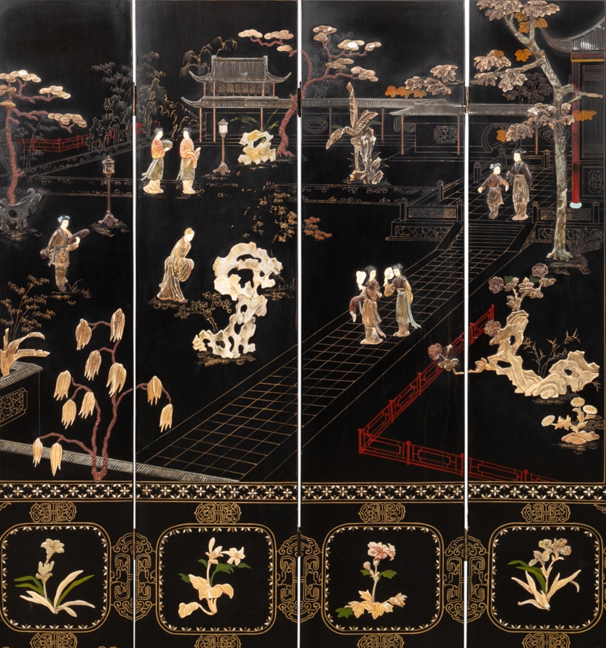 Chinese School, 20th Century | FOUR PANEL CHINESE FLOOR SCREEN | MutualArt