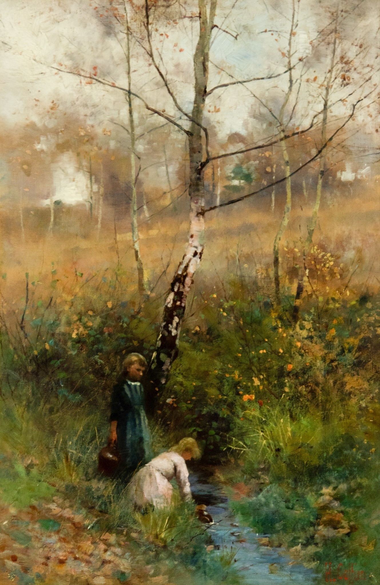 Hector Caffieri | Woodland with two young girls at a stream in the ...