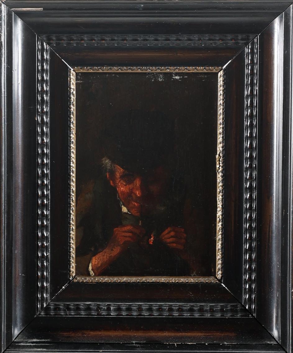 Jozef Gindra | Portret van een man met zwarte pet en pijp | MutualArt