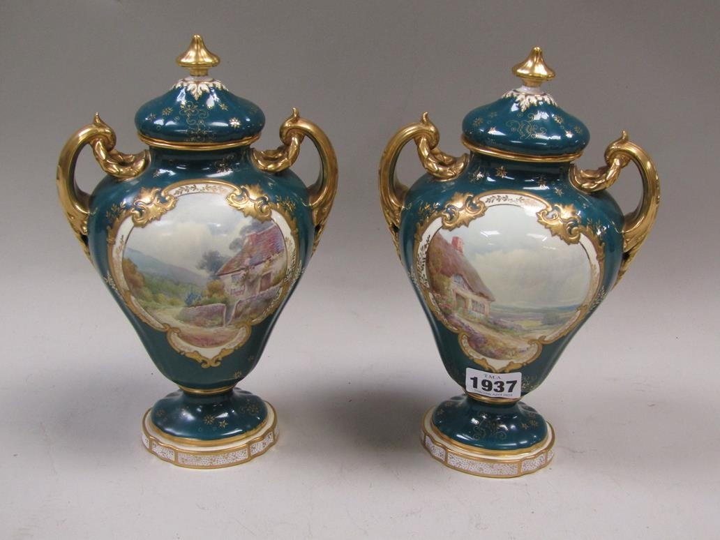 Derby | PAIR OF CROWN DERBY TWO HANDLED VASES AND COVERS, LANDSCAPE ...
