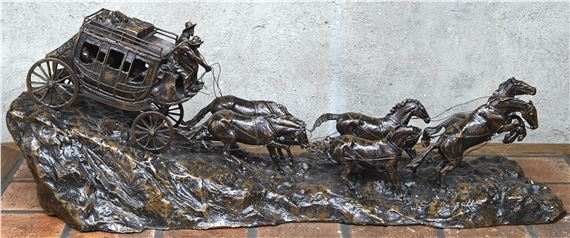 M. Russell | Een bronzen groep voorstellend een koets met 6 paarden en ...
