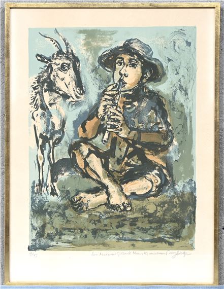 Walter Spitzer | Fluitspeler met geit”, een lithografie in kleur ...