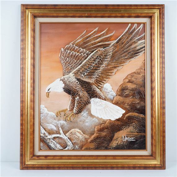 Frank Walcutt | A bald eagle soaring through a mountainous landscape ...