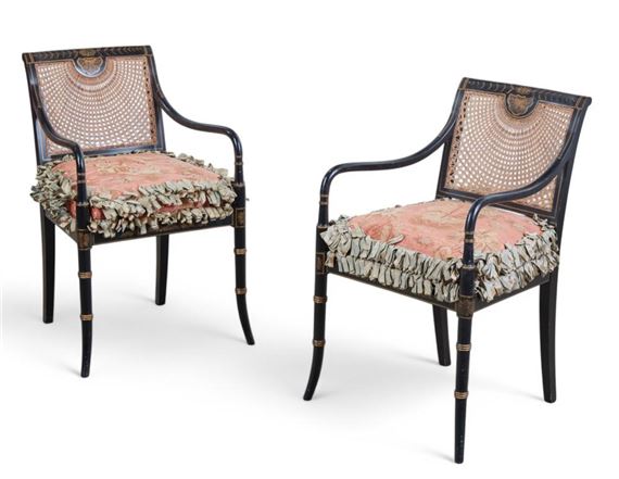 Timothy Corrigan | A pair of Regency style stencil decorated ebonized ...