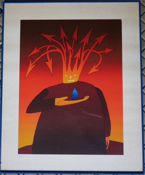 Jean-Michel Folon | Arrow head with blue man | MutualArt