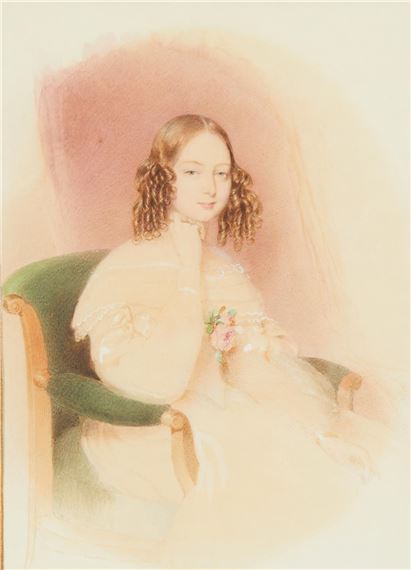 Emanuel Thomas Peter | Bildnis einer jungen Frau mit Stoppellocken in einem grünen Lehnstuhl ...