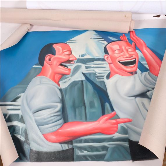 Yue Minjun | 2 smiling Chinese figures with their hands up | MutualArt