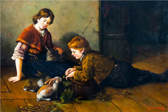 Yulie Gregg | Children Playing with Rabbits | MutualArt