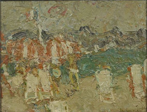 Henri Lachieze-Rey | Beach with orange striped parasols (1961) | MutualArt