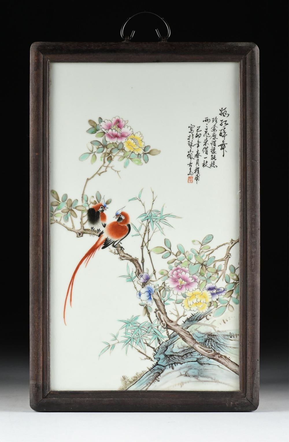 Chinese School, 20th Century | two famille rose style hand painted porcelain plaques in wooden ...