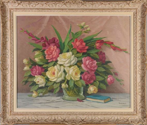 Paul André Jean Eschbach | Still life with flowering vase and book ...