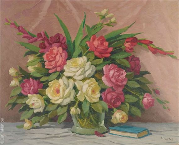 Paul André Jean Eschbach | Still life with flowering vase and book ...