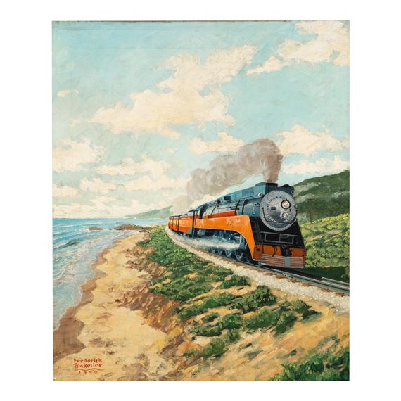 Frederick Blakeslee | Steam train by shoreline (1946) | MutualArt