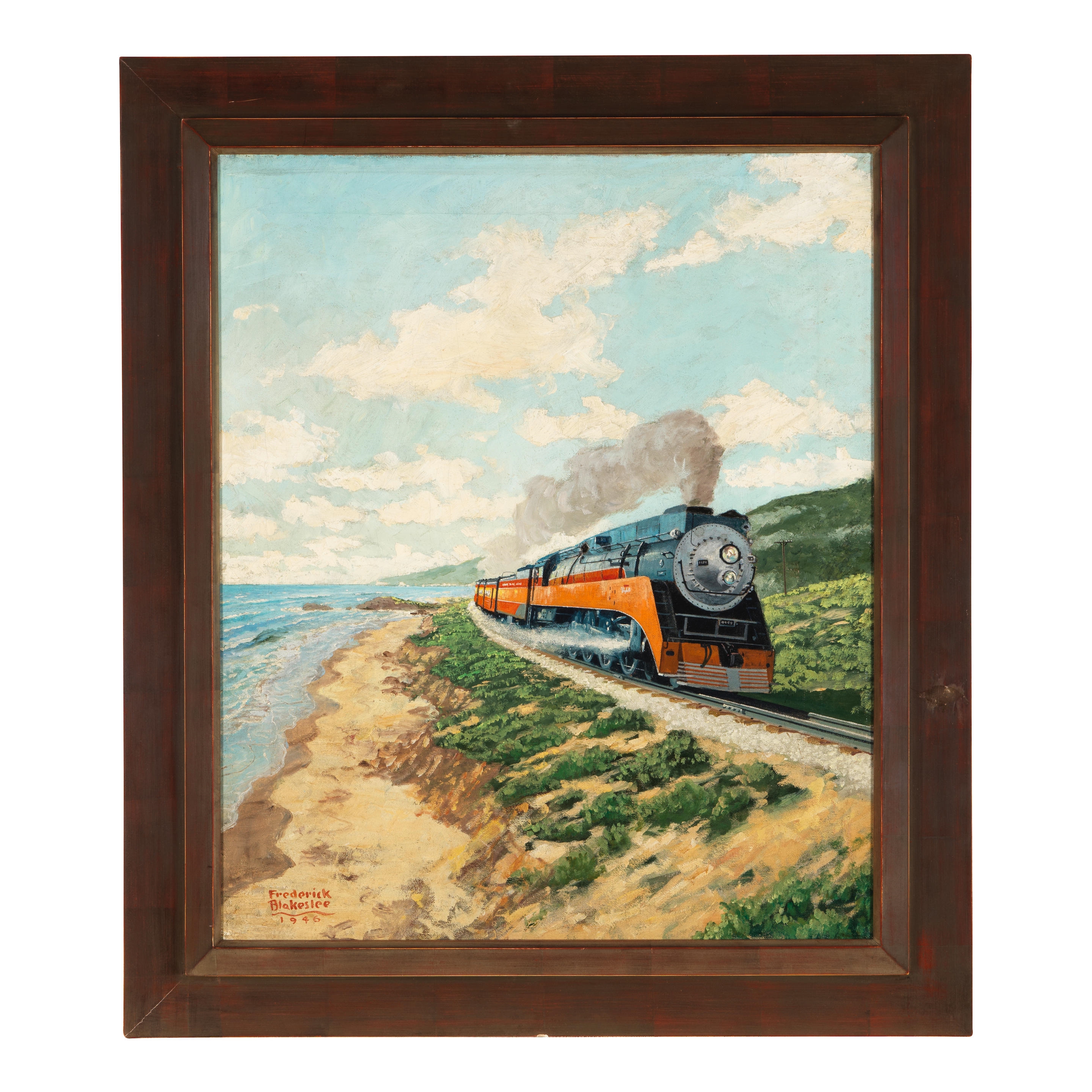 Frederick Blakeslee | Steam train by shoreline (1946) | MutualArt