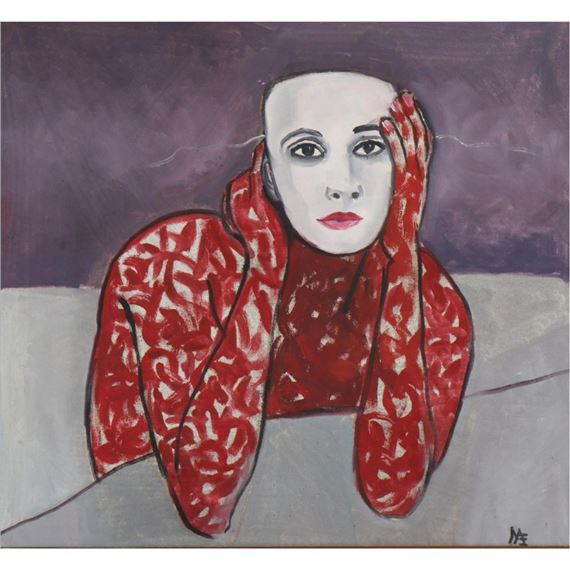 Mae Alice Engron | seated female figure with mask (1984) | MutualArt