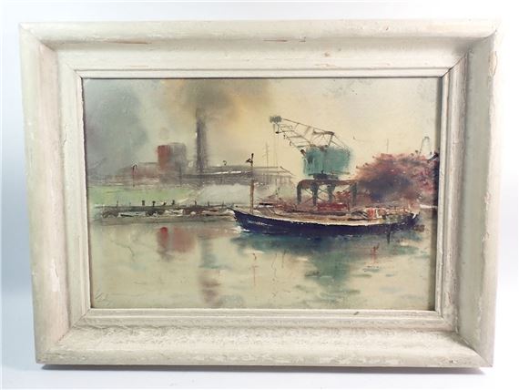 Fritz Ketz | Fritz Ketz - pastel port scene with crane and cargo ship ...