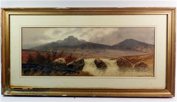 Alfred Graham | Alfred Grahame - watercolour river scene with mountains ...