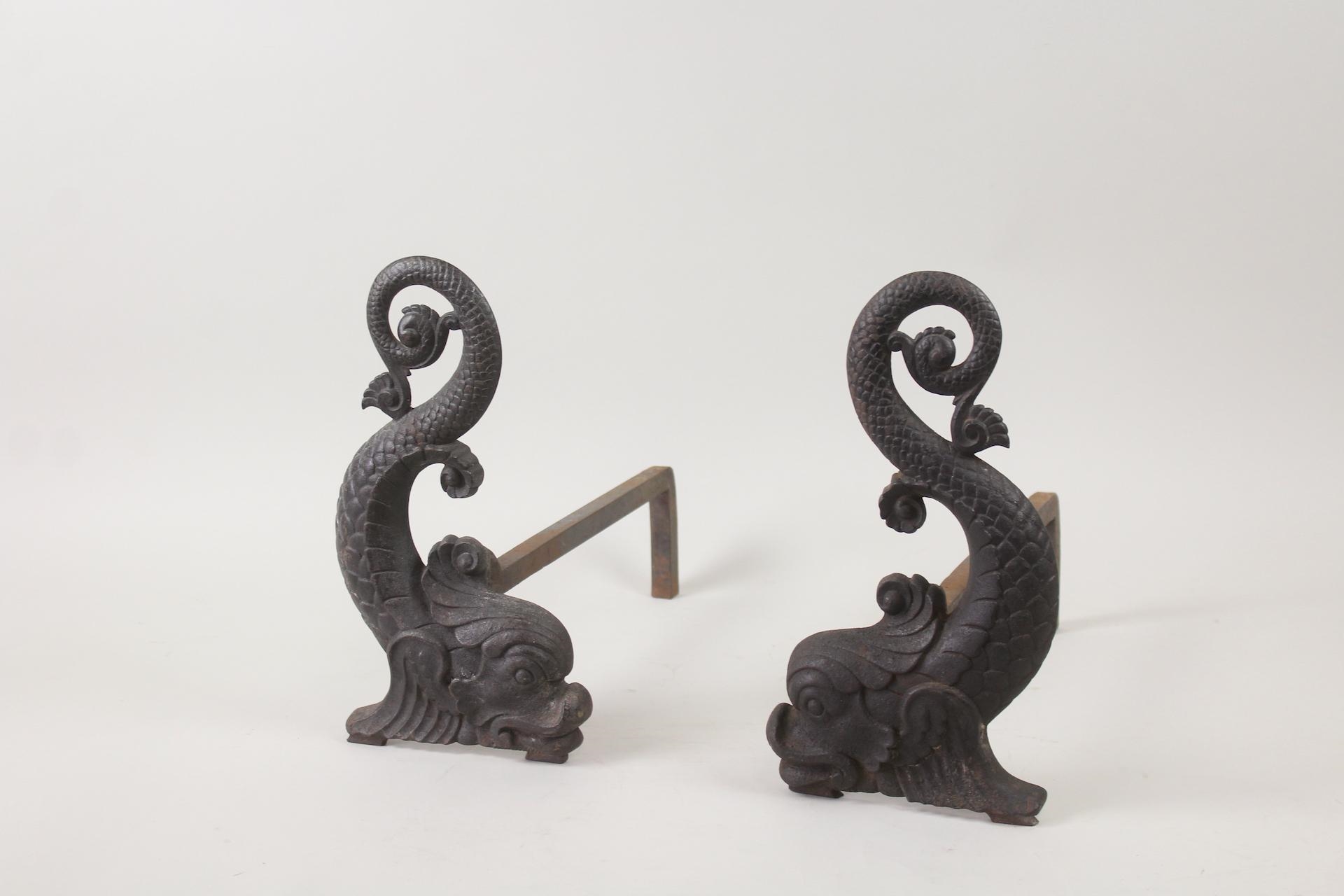 Hubbard/Birchler | Pair of Cast Iron Dolphin Figural Andirons, Bradley ...