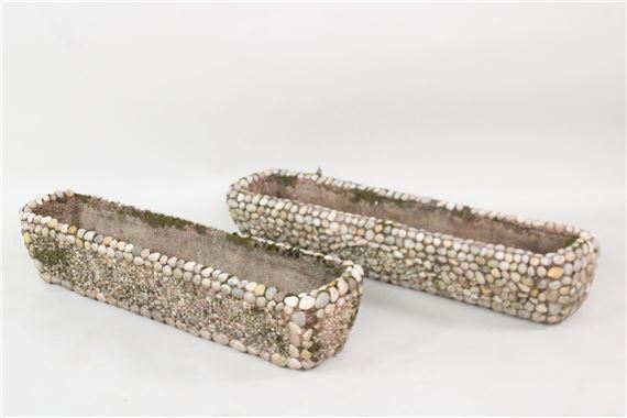 Planters | Pair of 4ft Long Concrete & Stone Decorated Planters, Folk ...