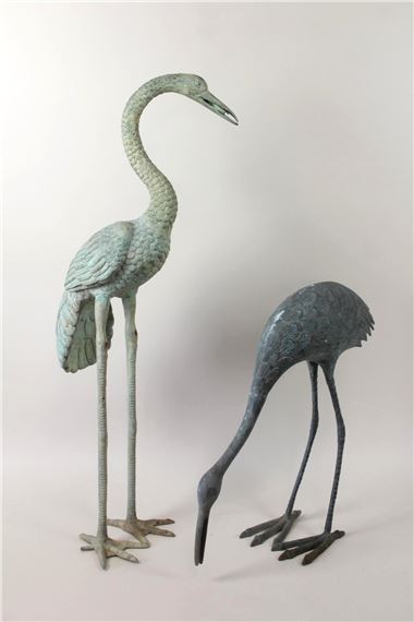 Spots | Pair of Verdigris Metal Heron Bird Garden Sculptures | MutualArt