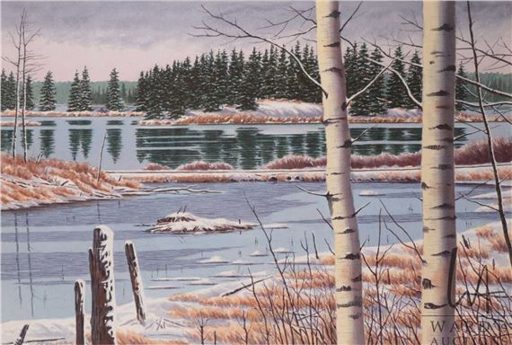 John Zupan | A winter lake scene with birch trees | MutualArt