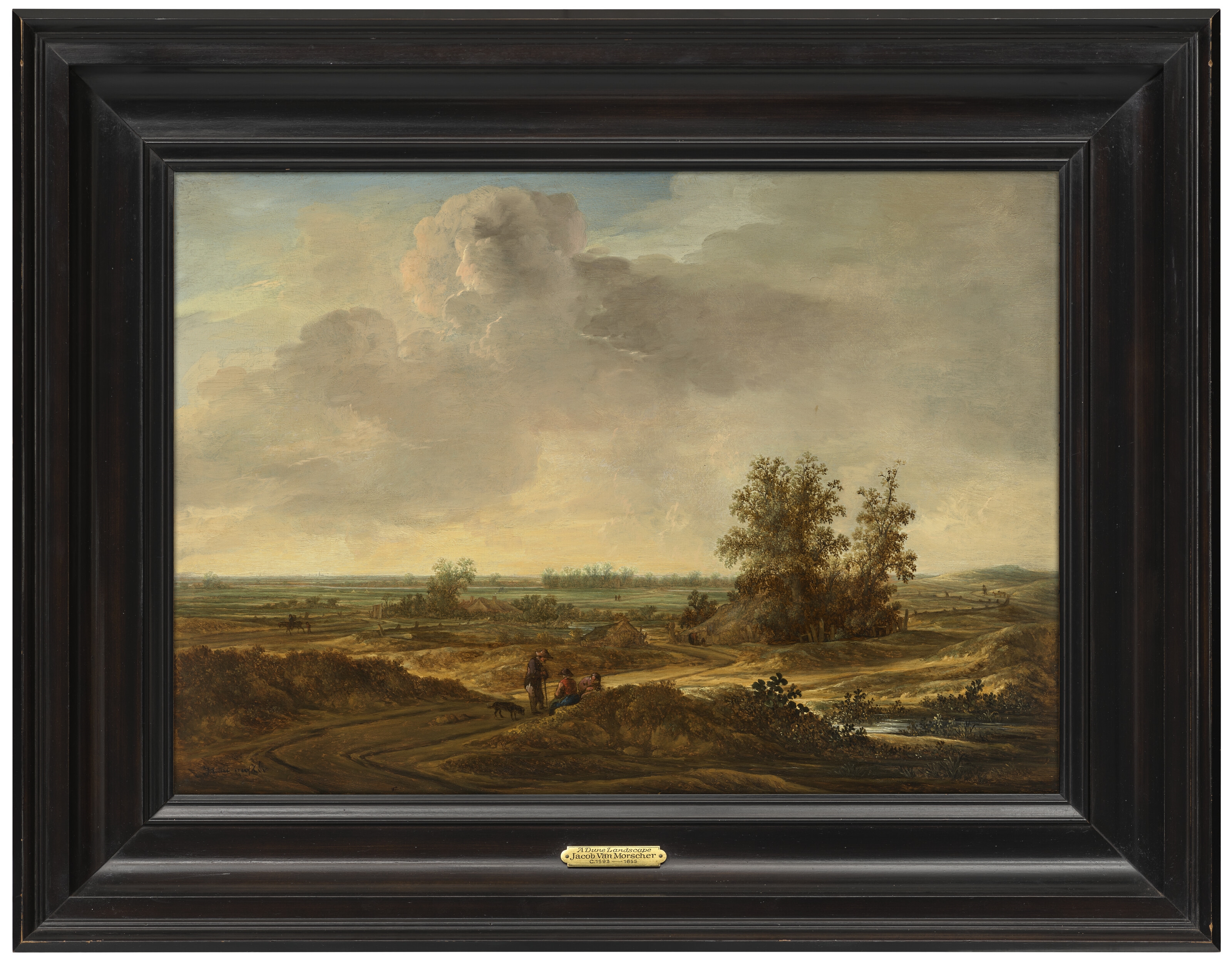 Jacob Van Moscher | A dune landscape with three travelers and a dog at ...