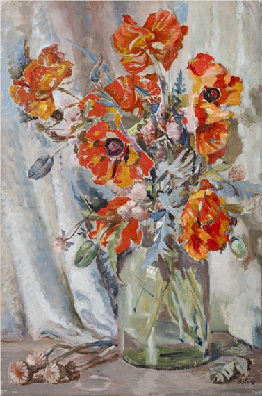 Kathleen Fox | Flower study with Poppies in a Glass Vase | MutualArt