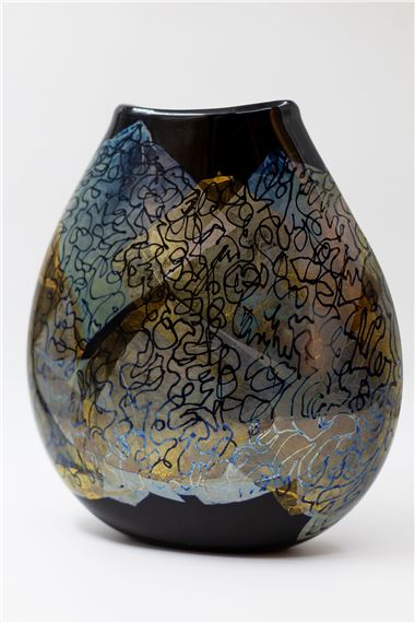 Garry Nash | Garry Nash Large flattened vase blown black glass with ...