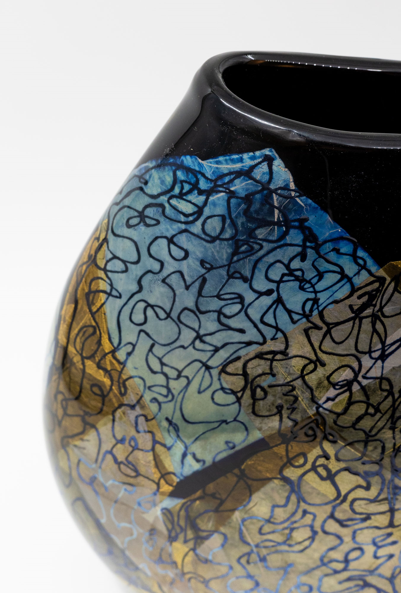 Garry Nash | Garry Nash Large flattened vase blown black glass with ...