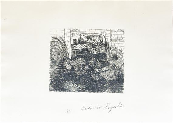 Antonio Ligabue | Incisione raff.te Interno di aia con galli recante la ...