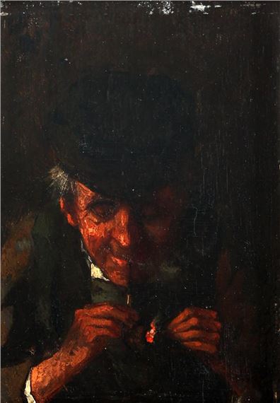 Jozef Gindra | Portret van een man met zwarte pet en pijp | MutualArt