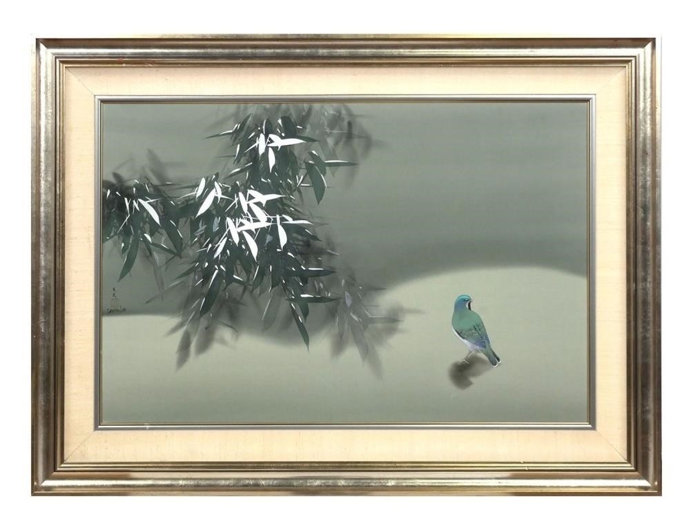 David Lee | Painting on silk featuring a small bird and branches of a ...
